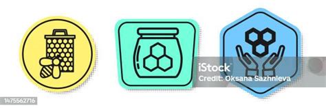 세트 라인 꿀벌과 벌집 꿀 항아리와 벌집과 손 컬러 모양 벡터 벌에 대한 스톡 벡터 아트 및 기타 이미지 벌 아이콘 개념 Istock