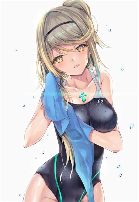 Rule 34 Bangs Bare Shoulders Black Swimsuit Blonde Hair Blush Breasts
