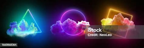 3d 렌더링 네온 기하학적 모양과 화려한 구름의 집합입니다 추상적인 배경입니다 판타지 디자인 요소 곡선에 대한 스톡 사진 및