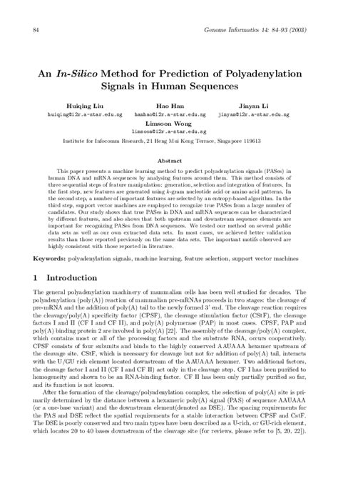 Pdf An In Silico Method For Prediction Of Polyadenylation Signals In Human Sequences