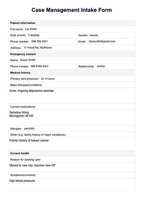 Case Management Intake Form Template Example Free PDF Download