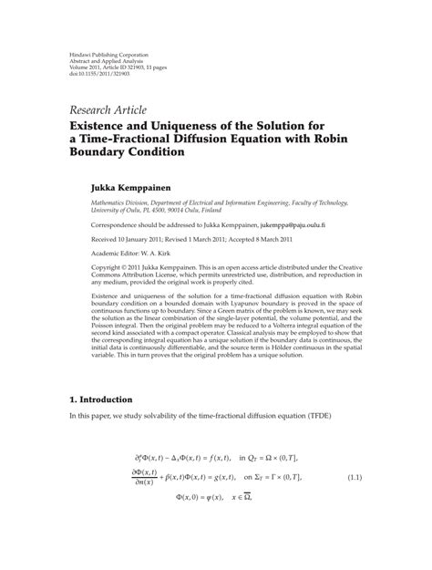 Pdf Existence And Uniqueness Of The Solution For A Time Fractional Diffusion Equation With