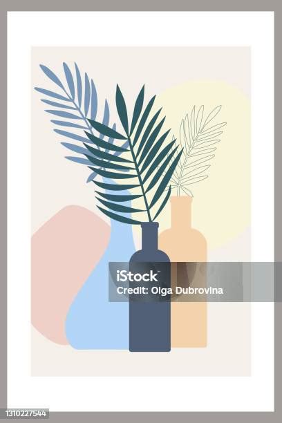 간단한 모양의 추상적 인 구성템플릿 꽃병에 열대 야자수 잎 콜라주 스타일 미니멀리즘 파스텔 흙 색 Sns용 엽서 및 커버용 벡터 배너 가리기에 대한 스톡 벡터 아트 및 기타