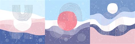 벡터 그림입니다 미니멀 한 풍경 추상적인 현대 배경 세트 중반 세기 보헤미안 그래픽 웹 배너 소셜 미디어 템플릿을 위한 손으로 그린 디자인 요소입니다 겨울 추운 눈 덮인