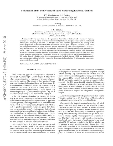 Pdf Computation Of The Drift Velocity Of Spiral Waves Using Response Functions