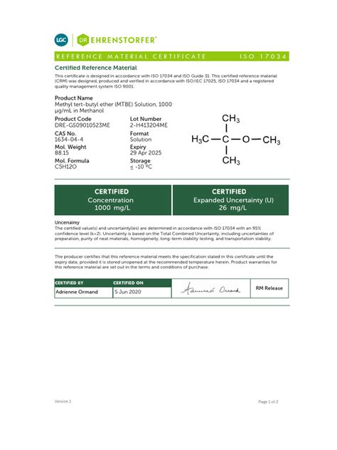 Methyl Tert Butyl Ether Mtbe 1000 Gml In Methanol Pdf