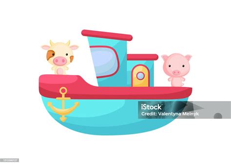 귀여운 작은 소와 돼지 는 Turqoise 선박에 항해 어린이 책 앨범 베이비 샤워 인사말 카드 파티 초대장 집 인테리어를위한 만화 캐릭터 벡터 스톡 일러스트레이션입니다 0