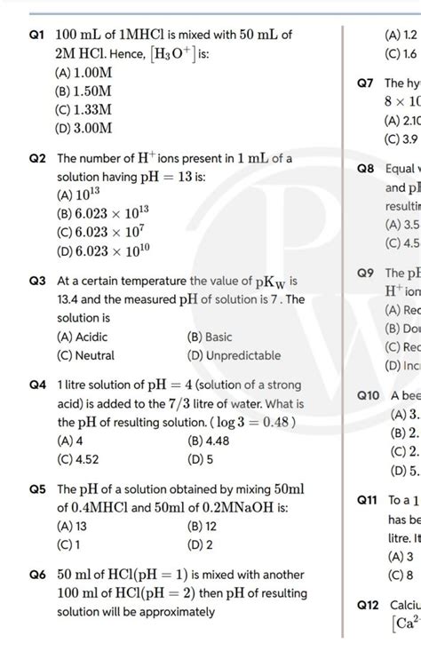 Q1 100 ML Of 1 MHCl Is Mixed With 50 ML Of 2 M HCl Hence H3 O Is A