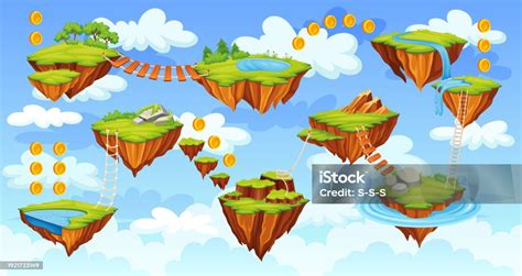 아케이드 레벨 맵 바위 섬 플랫폼 점프 도로 목표 플레이 2d 비디오 게임 오래 된 컴퓨터 콘솔 떠 다니는 자연 지상 게임 세계 배경 Neoteric 벡터 일러스트 레이 션