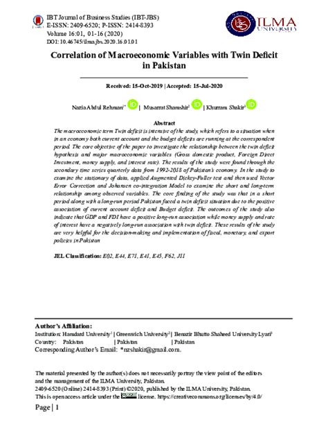 Pdf Correlation Of Macroeconomic Variables With Twin Deficit In Pakistan