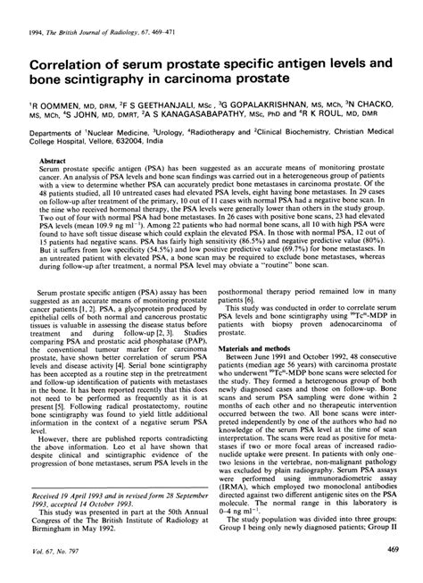 Pdf Correlation Of Serum Prostate Specific Antigen Levels And Bone Scintigraphy In Carcinoma