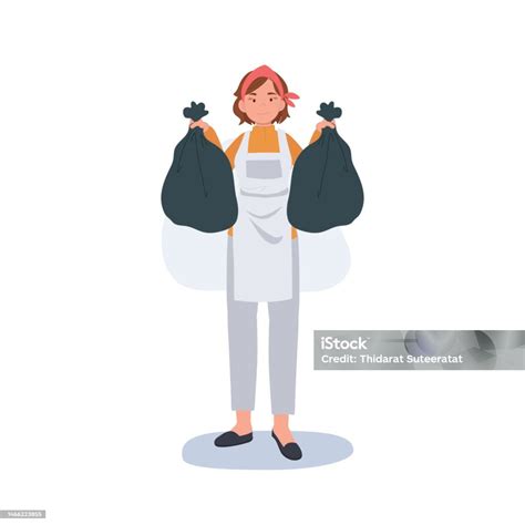 전문 클리너 사람들 가사도우미로 일하는 레이디의 캐릭터는 양손에 쓰레기 봉투를 들고 있습니다 평면 벡터 그림 가방에 대한 스톡 벡터 아트 및 기타 이미지 Istock