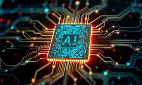 Glowing Ai Chip Processor Is At Center Of Complex Circuit Board