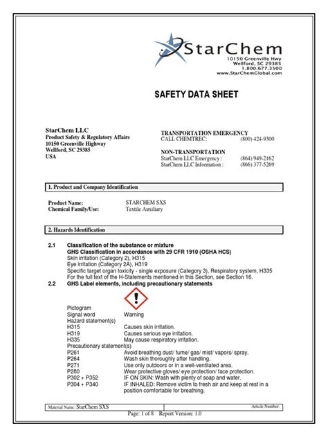 Safety Data Sheet Starchem Llc Pdf Toxicity Working Conditions