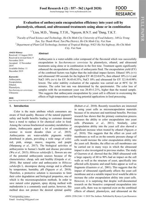 Pdf Evaluation Of Anthocyanin Encapsulation Efficiency Into Yeast Cell By Plasmolysis Ethanol