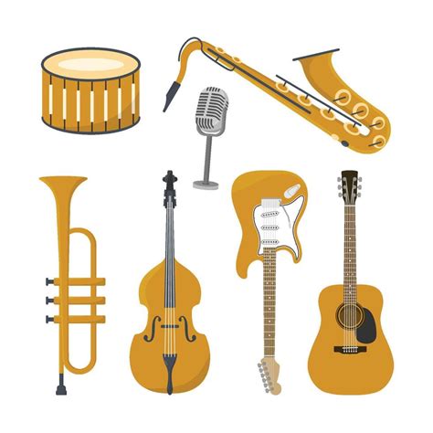 Jazz Musical Instruments Icon Set Flat Illustration Drum Vintage Microphone Double Bass