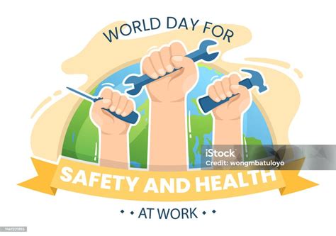 4월 28일 직장에서 세계 안전보건의 날 웹 배너 또는 랜딩 페이지 템플릿에 대해 손으로 그린 평면 만화에 정비사 도구가 있는 그림 건강한 생활방식에 대한 스톡 벡터 아트