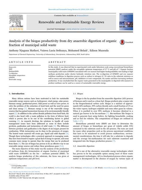 Analysis Of The Biogas Productivity From Dry Anaerobic Digestion Of Organic Fraction Of