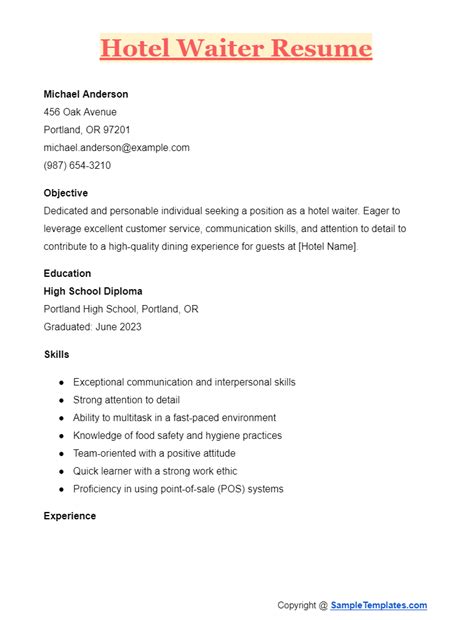 Free 11 Sample Waiter Resume Templates In Pdf Word
