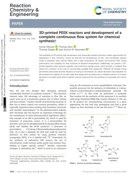 Pdf 3d Printed Peek Reactors And Development Of A Complete Continuous