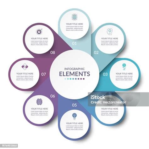벡터 인포 그래픽 서클입니다 8단계의 사이클 다이어그램 보고서 비즈니스 분석 데이터 시각화 소셜 미디어 및 프레젠테이션을 위한 간단하고 접근하기 쉬운 인포그래픽 디자인 쉽게