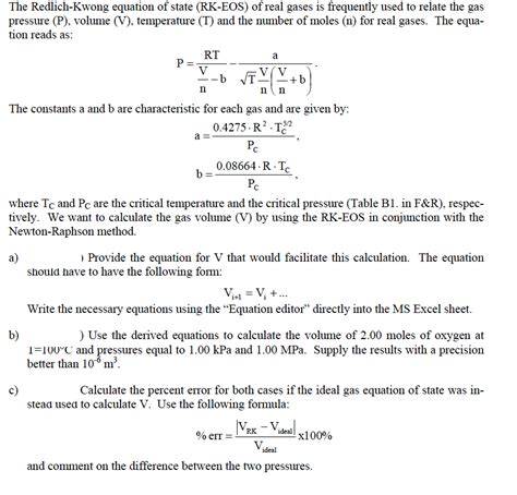 Solved The Redlich Kwong Equation Of State Rk Eos Of Real