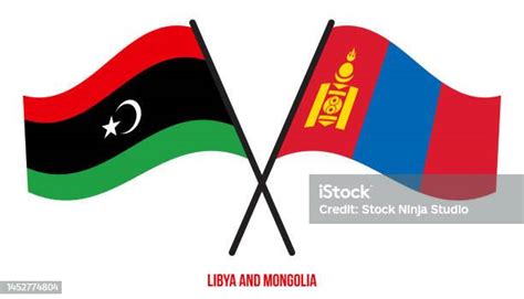 리비아와 몽골 국기가 교차하고 평평한 스타일로 흔들립니다 공식 비율 올바른 색상 Mongolian Flag에 대한 스톡 벡터 아트 및 기타 이미지 Mongolian