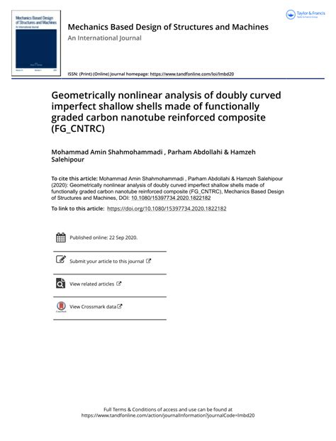 Pdf Geometrically Nonlinear Analysis Of Doubly Curved Imperfect Shallow Shells Made Of