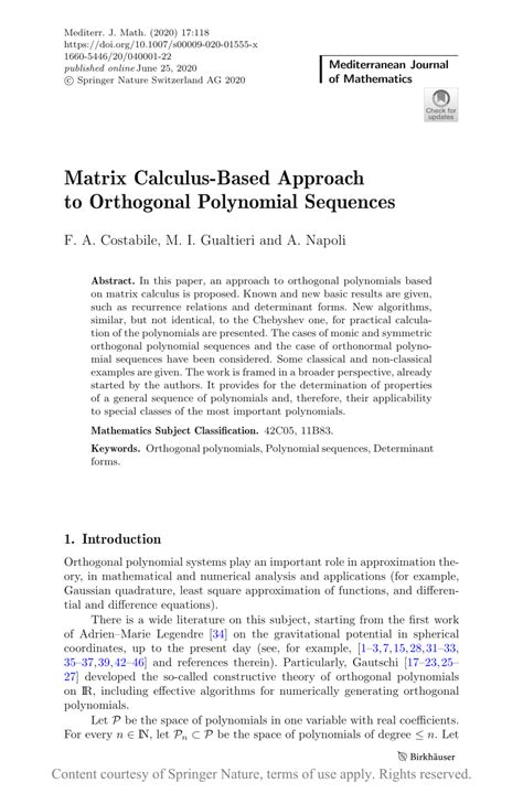 Matrix Calculus Based Approach To Orthogonal Polynomial Sequences Request Pdf
