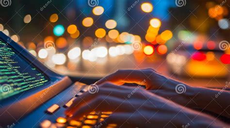 During The Night A Software Developer Codes On A Laptop Using