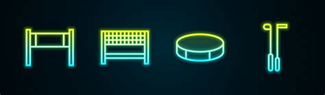 세트 라인 배구 네트 결승 라인에 리본 하키 퍽 및 골프 클럽 빛나는 네온 아이콘입니다 벡터 경쟁에 대한 스톡 벡터 아트 및 기타 이미지 Istock