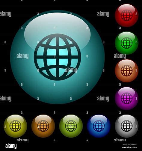 Globe Icons In Color Illuminated Spherical Glass Buttons On Black Background Can Be Used To