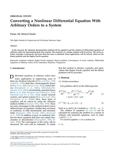 Pdf Converting A Nonlinear Differential Equation With Arbitrary Orders To A System