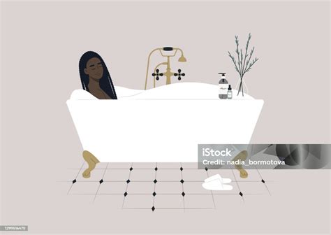 비누 거품 발톱 발 빈티지 욕조와 편안한 목욕을 복용 젊은 여성 블랙 캐릭터 욕조에 대한 스톡 벡터 아트 및 기타 이미지 욕조 물 복고풍 Istock
