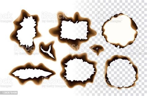 투명 한 배경에 고립 된 불타는 현실적인 벡터 종이 종이 탄 구멍과 스크랩 가장자리의 컬렉션 번트 가장자리가 있는 구멍입니다 갈라지고 더러운 테두리로 파괴된 종이 나 양피지