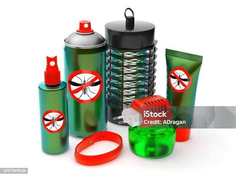 모기 퇴치제 곤충 보호 스프레이 크림 전자 트랩 팔찌 액체 흰색 배경에 격리 3d 렌더 살충제에 대한 스톡 사진 및 기타 이미지 Istock