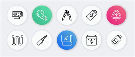 전기 고전압 전기 케이블 자동차 배터리 배터리 충전 펜치 도구 및 납땜 인두 아이콘에 대한 라인 책을 설정합니다 벡터 0명에 대한 스톡 벡터 아트 및 기타 이미지 Istock