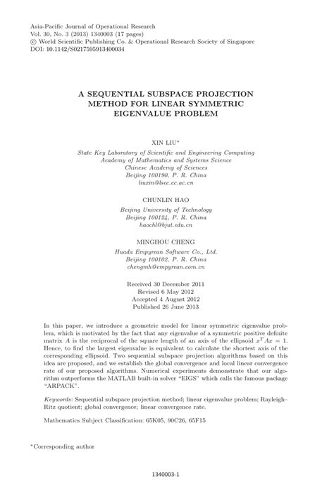 Pdf A Sequential Subspace Projection Method For Linear Eigenvalue Problem