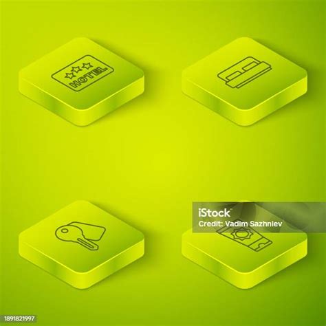 아이소메트릭 라인 호텔 객실 침대 도어록 키 튜브에 자외선 차단제 크림 및 텍스트 아이콘이 있는 간판을 설정합니다 벡터 0명에 대한 스톡 벡터 아트 및 기타 이미지 Istock