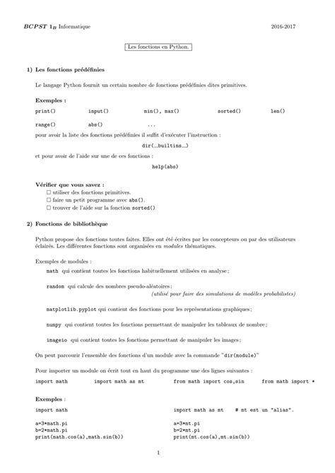 Bcpst 1b Informatique 2016 2017 Les Fonctions En Python 1 Les