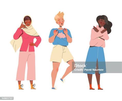 남자와 여자 캐릭터는 신체 언어 벡터 세트로 감정을 표현하는 손 제스처를 보여줍니다 감정에 대한 스톡 벡터 아트 및 기타 이미지 감정 거절 금지됨 Istock