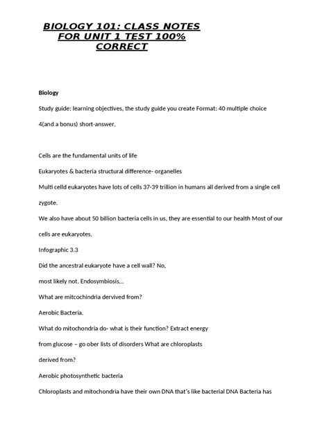 Biology 101 Class Notes For Unit 1 Test 100 Correct Exams Biology Docsity