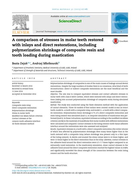 A Comparison Of Stresses In Molar Teeth Restored Download Free Pdf Dental Composite Dental