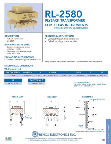 Rl 2580 Transformer Data Sheet Electronics