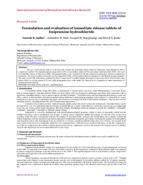 Pdf Formulation And Evaluation Of Immediate Release Tablets Of Imipramine Hydrochloride