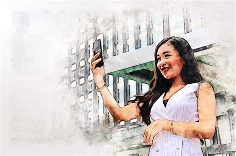 추상적 행복 젊은 비즈니스 여성은 수채화 일러스트 페인팅 배경으로 초상화와 도시를 여행 미소를 짓고 있습니다 개념에 대한 스톡 사진 및 기타 이미지 Istock