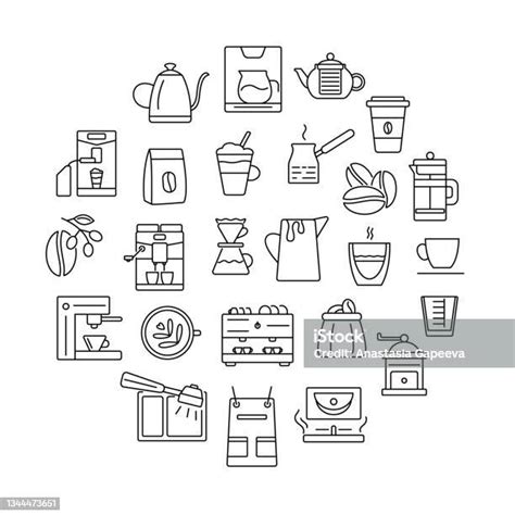 바리스타와 커피 액세서리는 윤곽 아이콘이 있는 원형 레이아웃을 제공합니다 카페 장비 격리된 벡터 그림 전문 기술에 대한 스톡