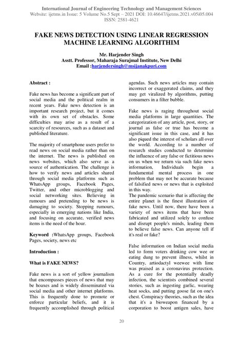 Pdf Fake News Detection Using Linear Regression Machine Learning Algorithim