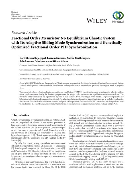 Pdf Fractional Order Memristor No Equilibrium Chaotic System With Its Adaptive Sliding Mode