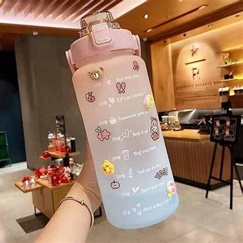 Kawaii Drinkfles 2 Liter Met Rietje Motiverende Waterfles Met Tijdmarkeringen En Kawaii